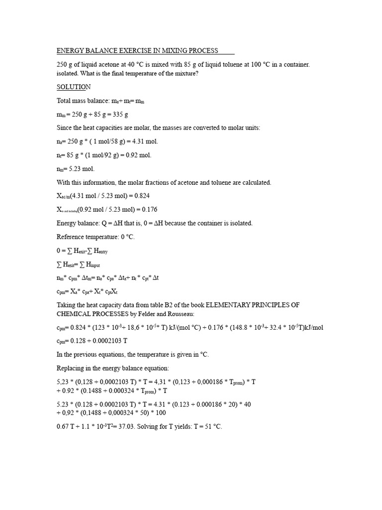 Energy Balance Exercise in Mixing Process | PDF