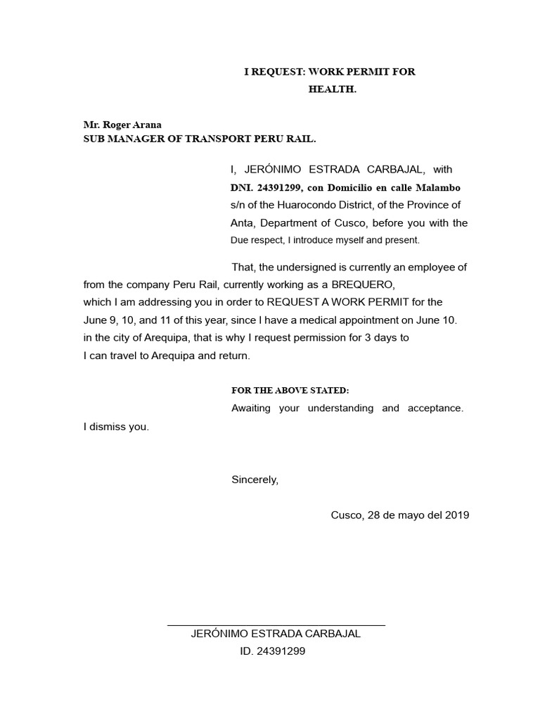 Request - Work Permit For Health | PDF