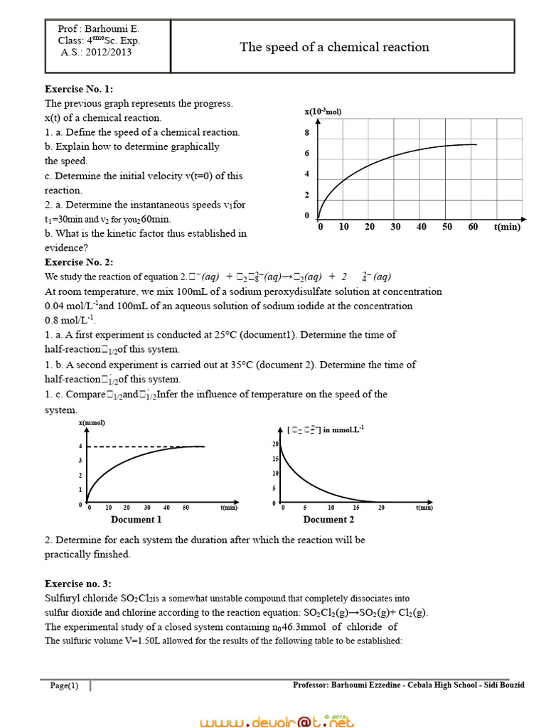 Exercise Series No. 2 - Chemical Kinetics - Math Bac (2012-2013) Mr. BARHOUMI Ezedine | PDF ...