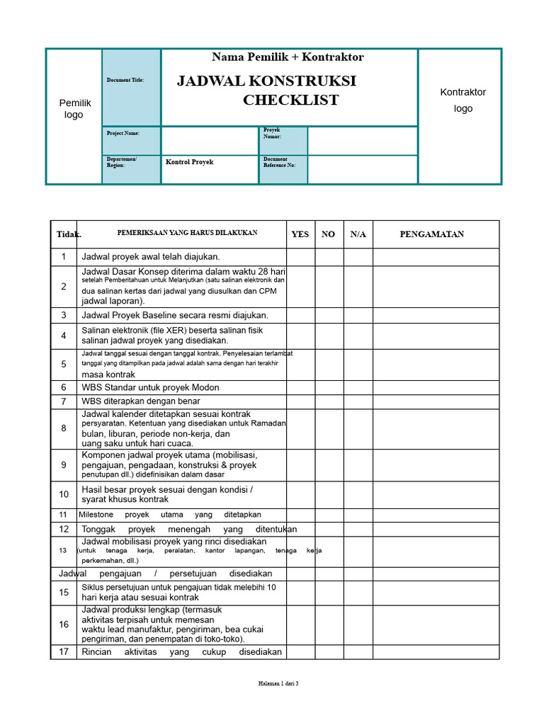 Checklist Jadwal Konstruksi Proyek | PDF