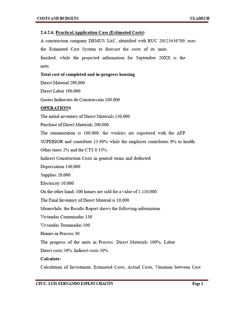 Estimated Costs Practical Case | PDF | Cost | Inventory