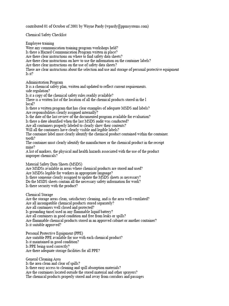 Chemical Products Storage Checklist | PDF | Workplace | Working Conditions