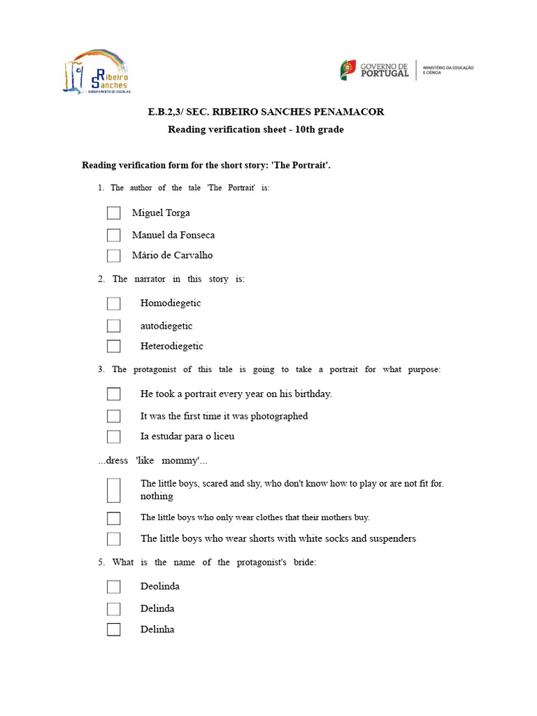 10th Grade Reading Verification: "The Portrait" | PDF