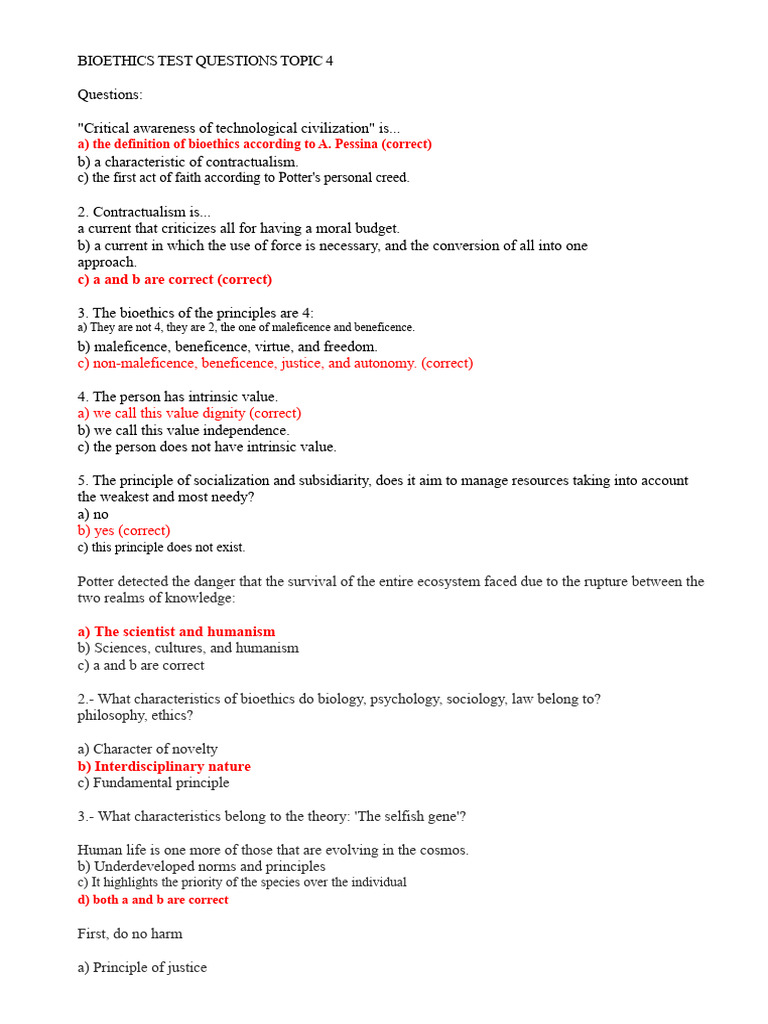 Test Questions Bioethics Topic 4 | PDF | Bioethics | Autonomy