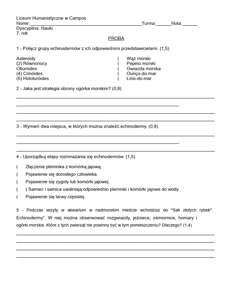 Test 7 Klasa 4 Kwartal - Wersja 2 | PDF