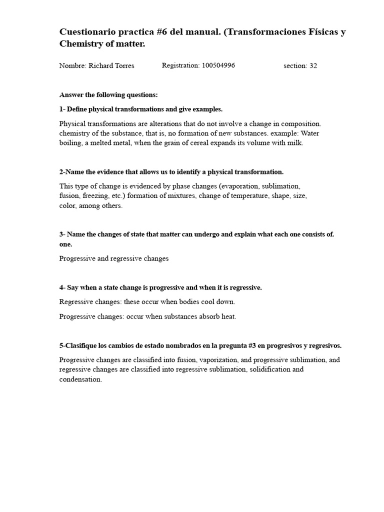 Questionnaire Practice #6 of The Manual. (Physical and Chemical ...