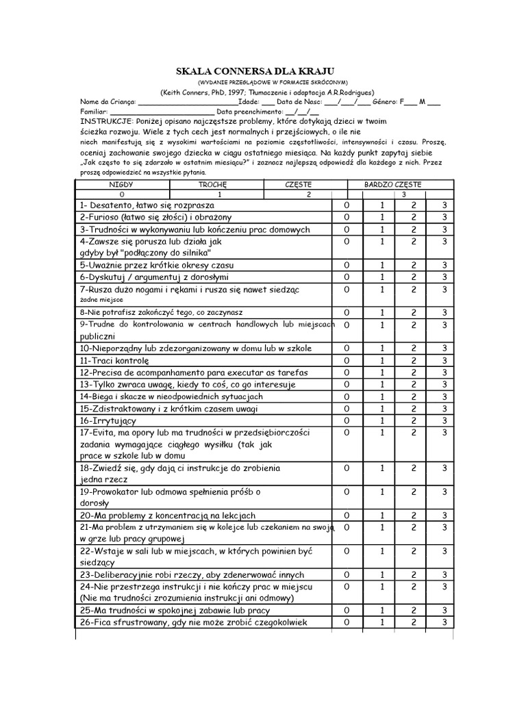 Skala Connersa Dla Rodziców | PDF