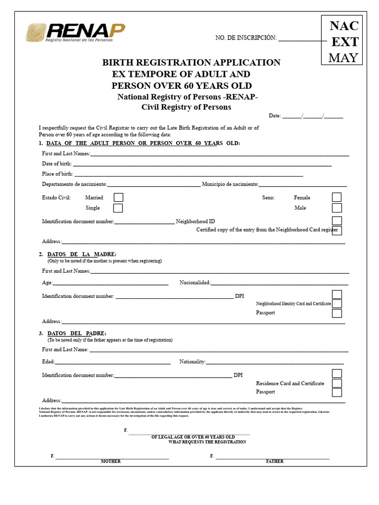 2 Application for Registration of Birth of Adult | PDF | Birth Certificate | Identity Document