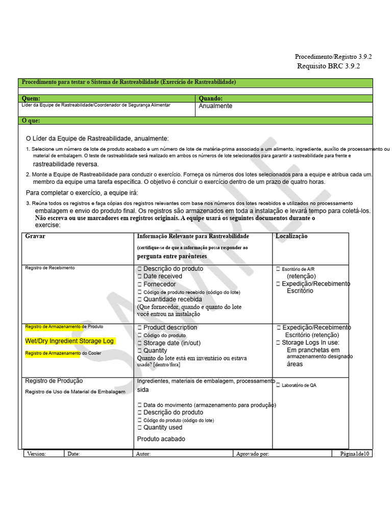 Exercício de Rastreabilidade BRC 3.9.2 | PDF | Proteção ao consumidor ...