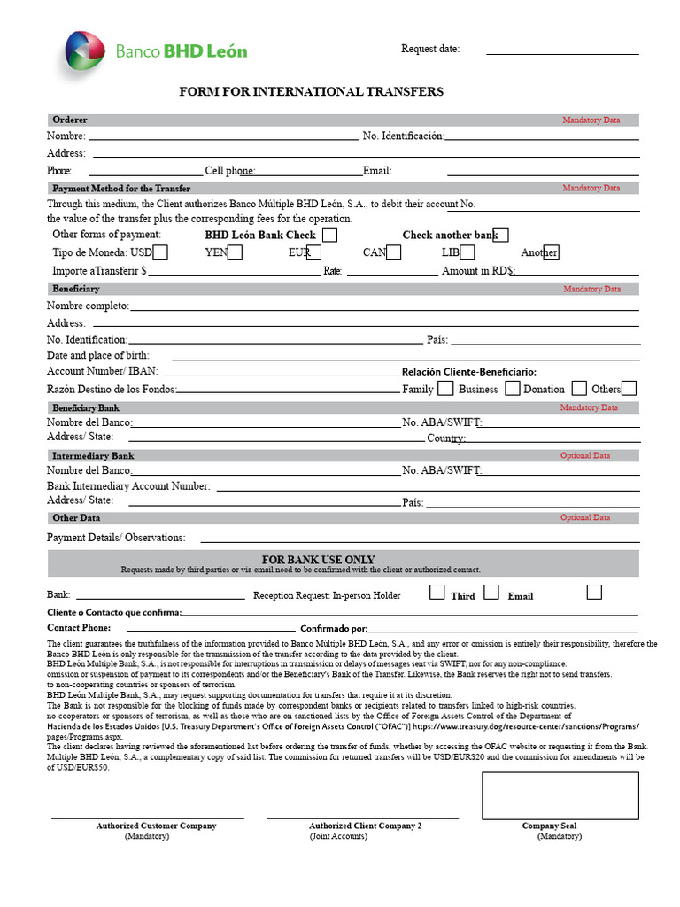 Form For International Transfers | PDF | Banks | Service Industries