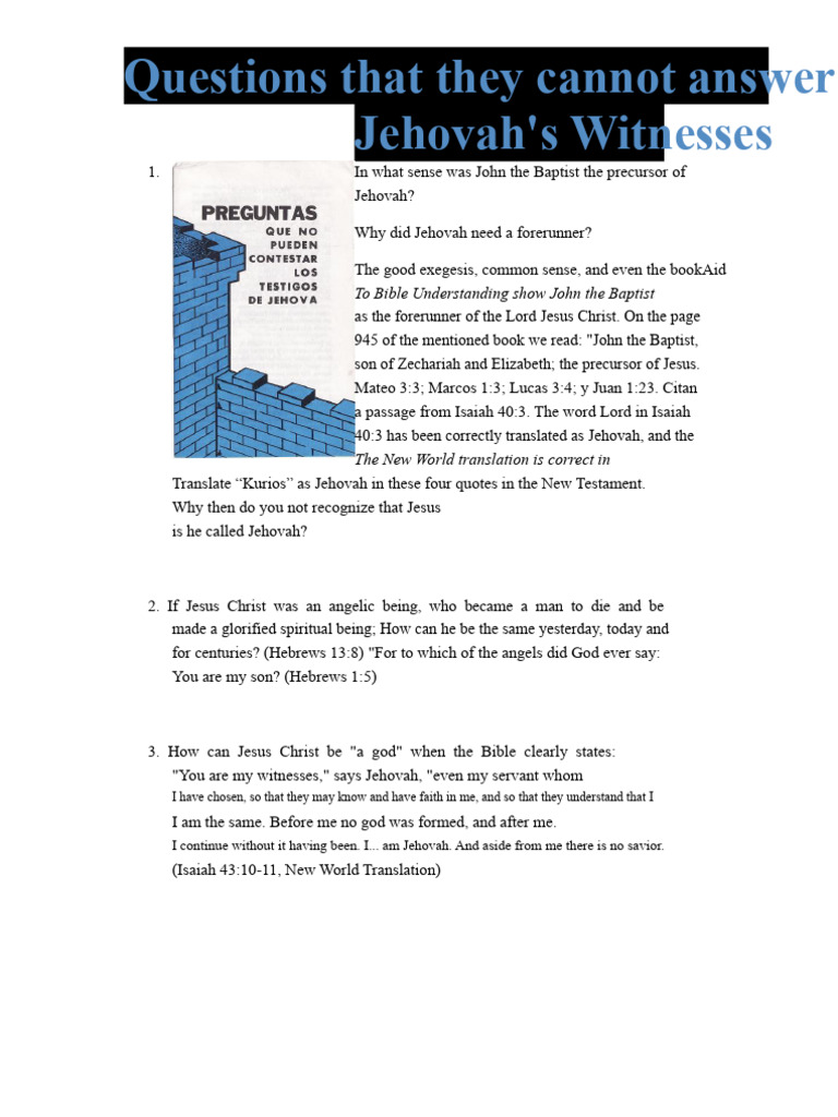 Questions That Jehovah's Witnesses Cannot Answer | PDF | Jesus | God In ...