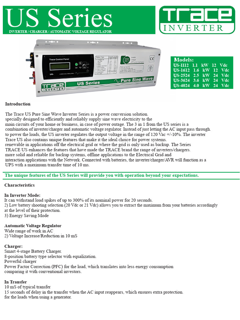 Trace US Series Inverter Overview | PDF | Power Inverter | Battery Charger