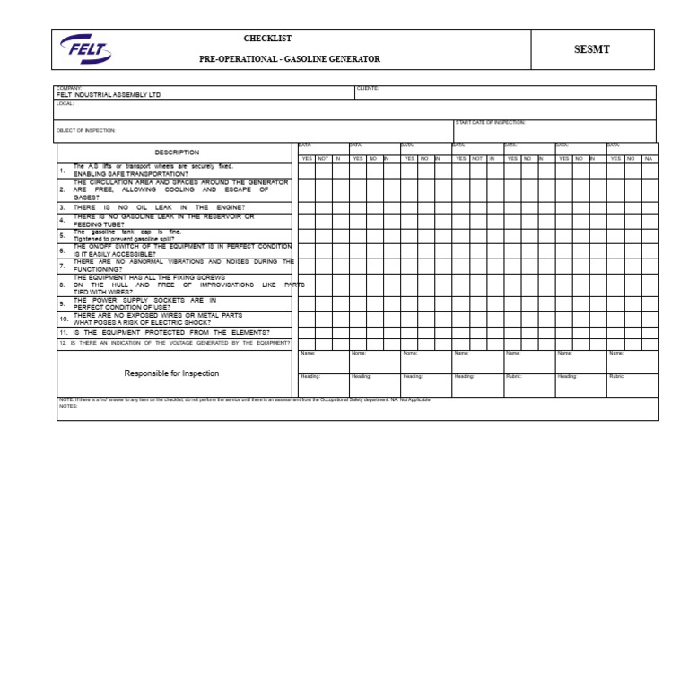 Gasoline Generator Checklist | PDF | Electric Generator | Power Supply