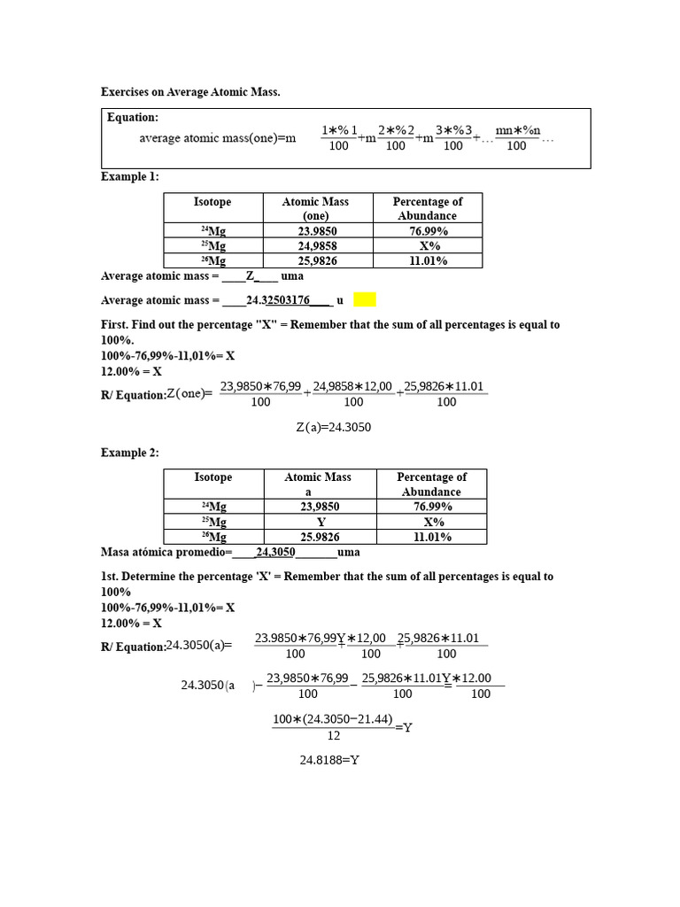 Average Atomic Mass Calculation Exercises | PDF | Isotope | Chemical ...