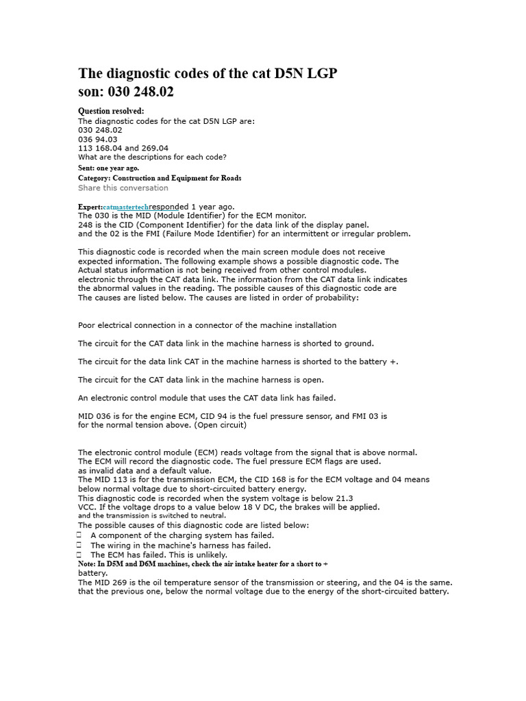 The Diagnostic Codes of the Cat D5N LGP Are | PDF | Voltage ...