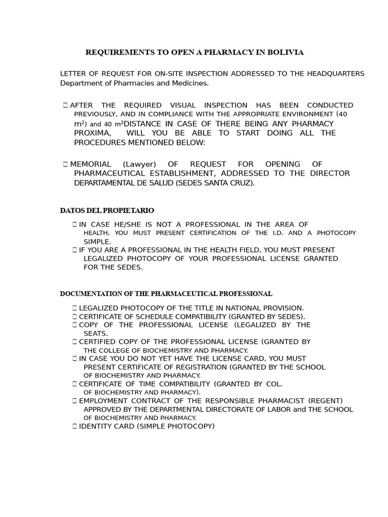 1 Requirements to Open a Pharmacy in Bolivia | PDF | Pharmacy | Pharmacist