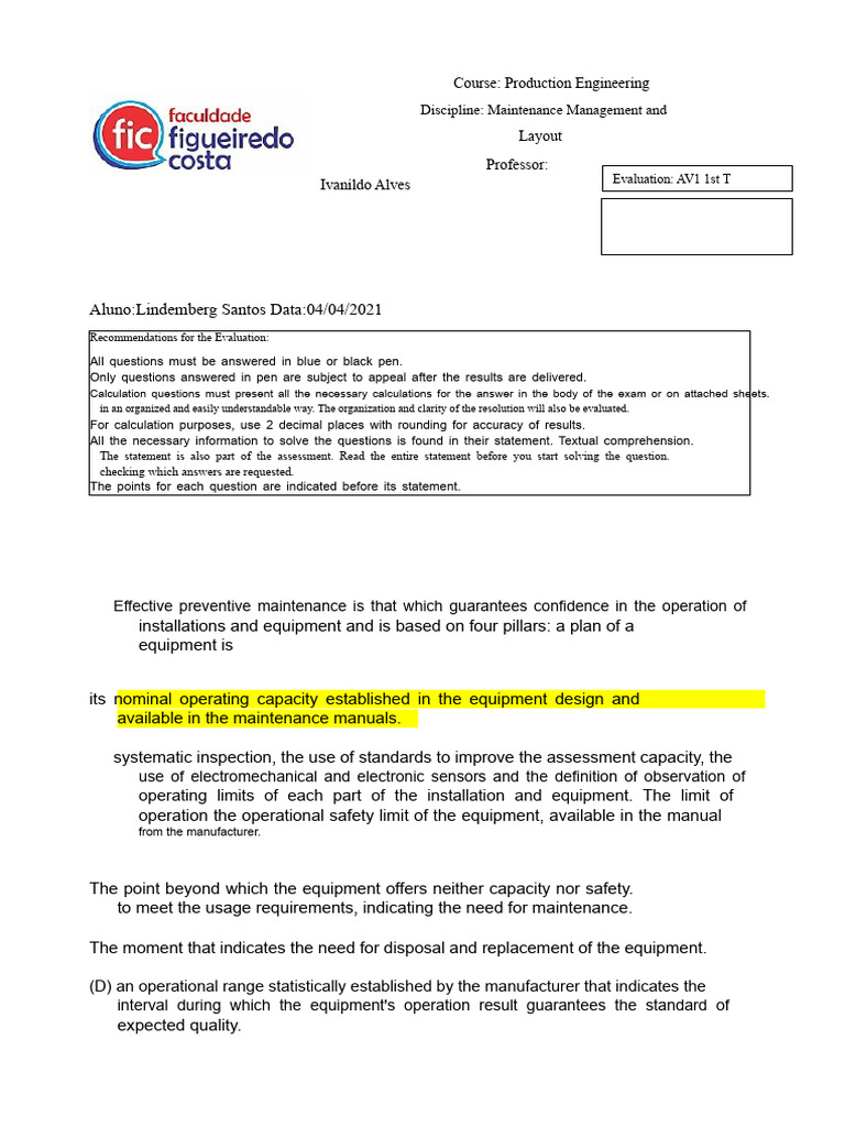 Maintenance Management Test. 1 | PDF | Reliability Engineering