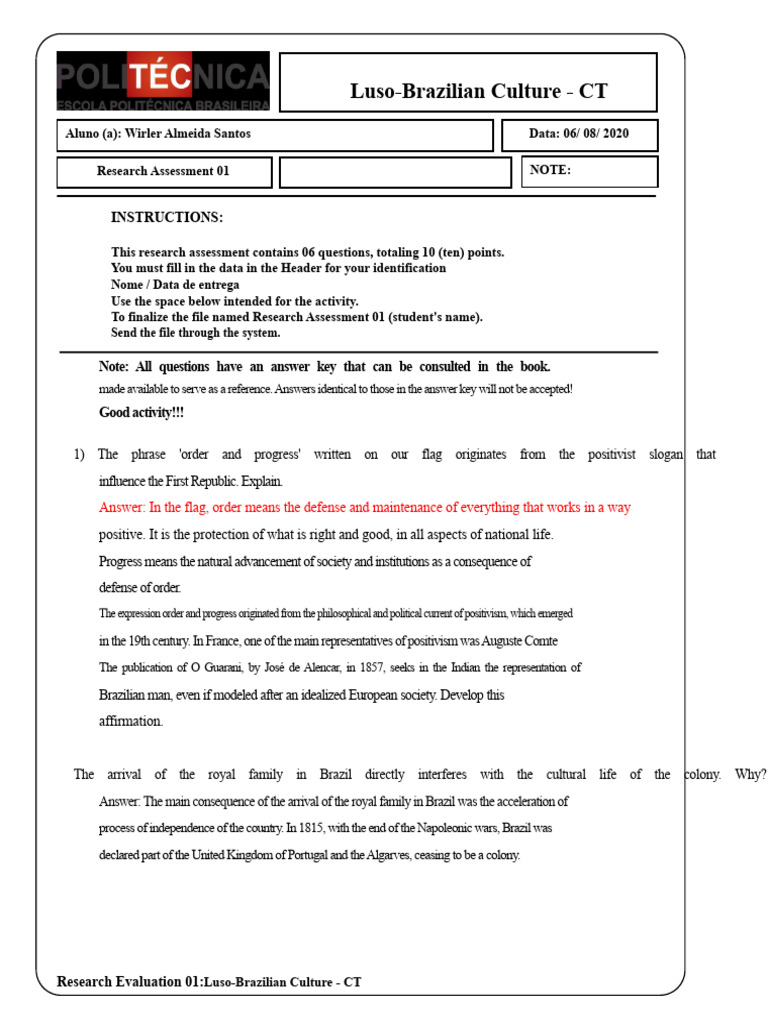 Research Assessment 01 - Luso-Brazilian Culture | PDF | Positivism | Brazil
