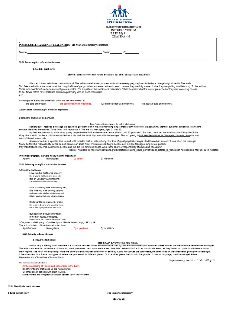 9th Grade Assessment 1st Semester Answers | PDF | Adolescence