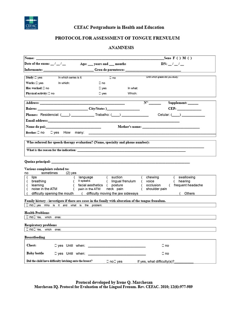 PROTOCOL FOR ASSESSMENT OF THE LINGUAL FRENULUM | PDF | Human Anatomy ...