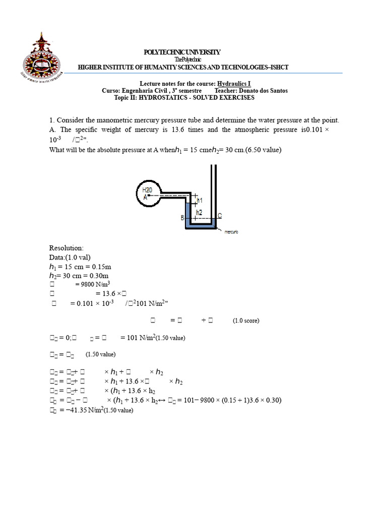 SOLVED EXERCISES OF HYDRODYNAMICS.docx | PDF | Pressure | Pressure ...