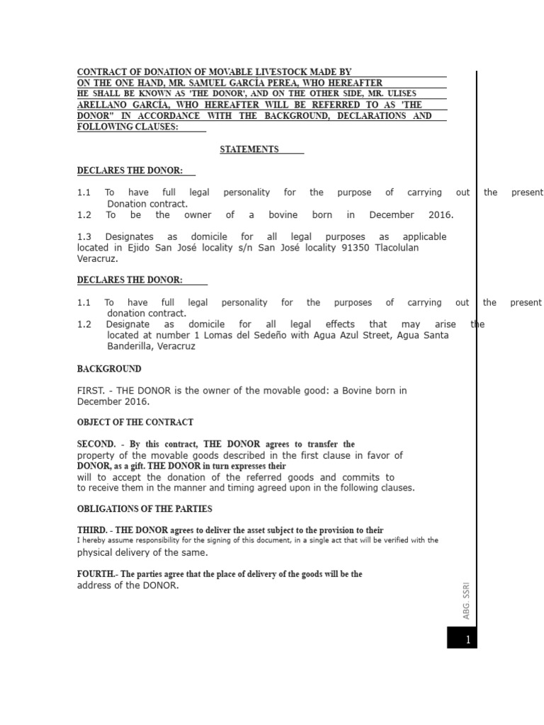 Donation Contract of Movable Property Entered Into by One Party | PDF ...