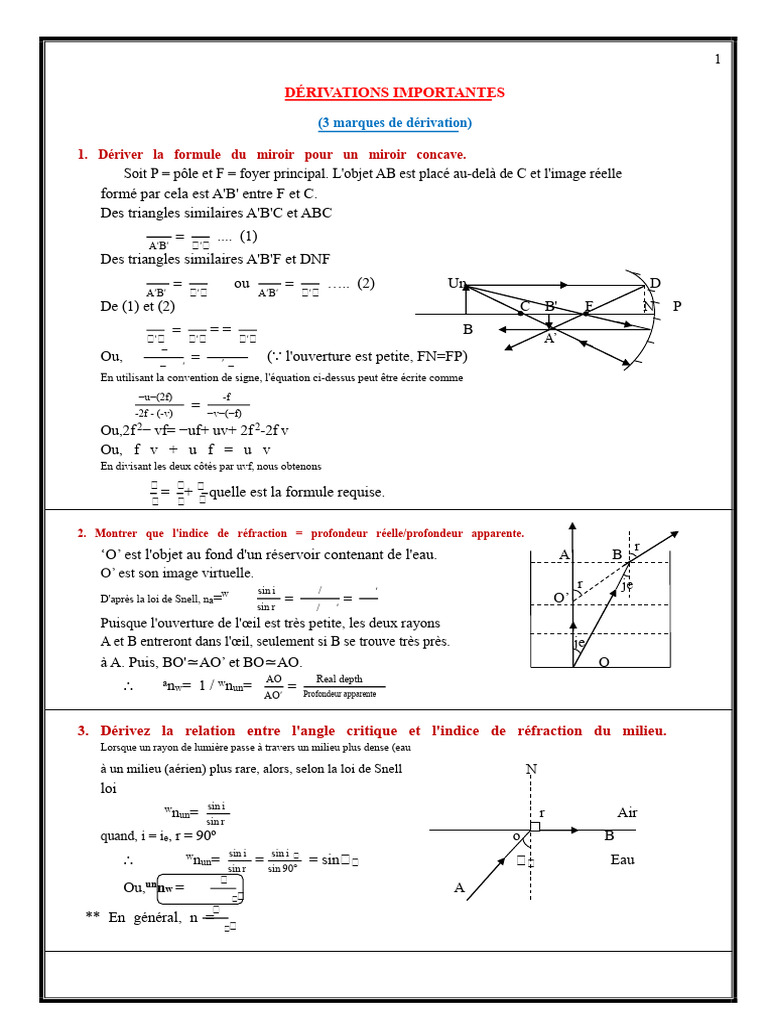 Dérivations de Formules Optiques Essentielles | PDF | Réfraction ...