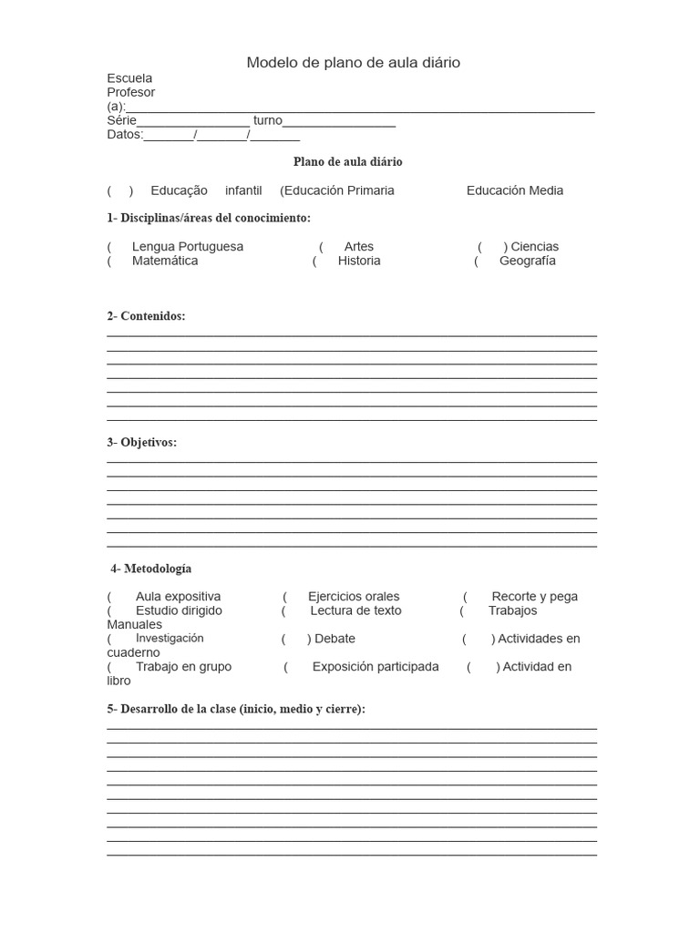 Modelo de Plan de Clase Diario | PDF | Salón de clases | Aprendizaje