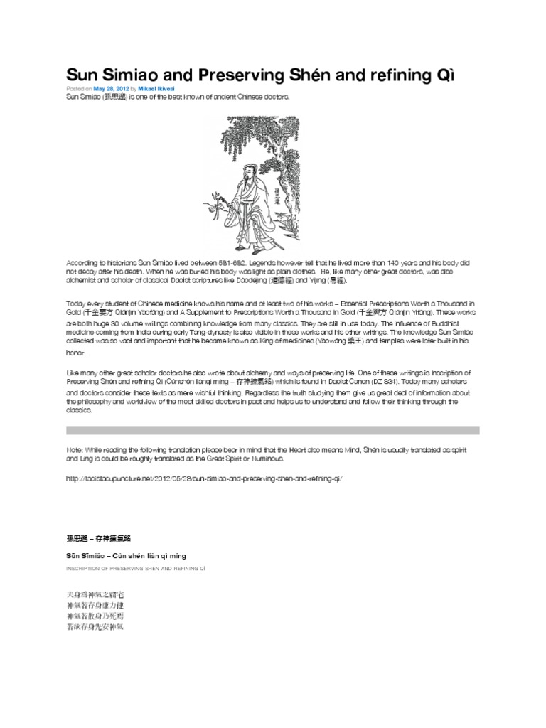 Sun Simiao and Preserving Shén and Refining Qì | PDF | Qi | Alchemy