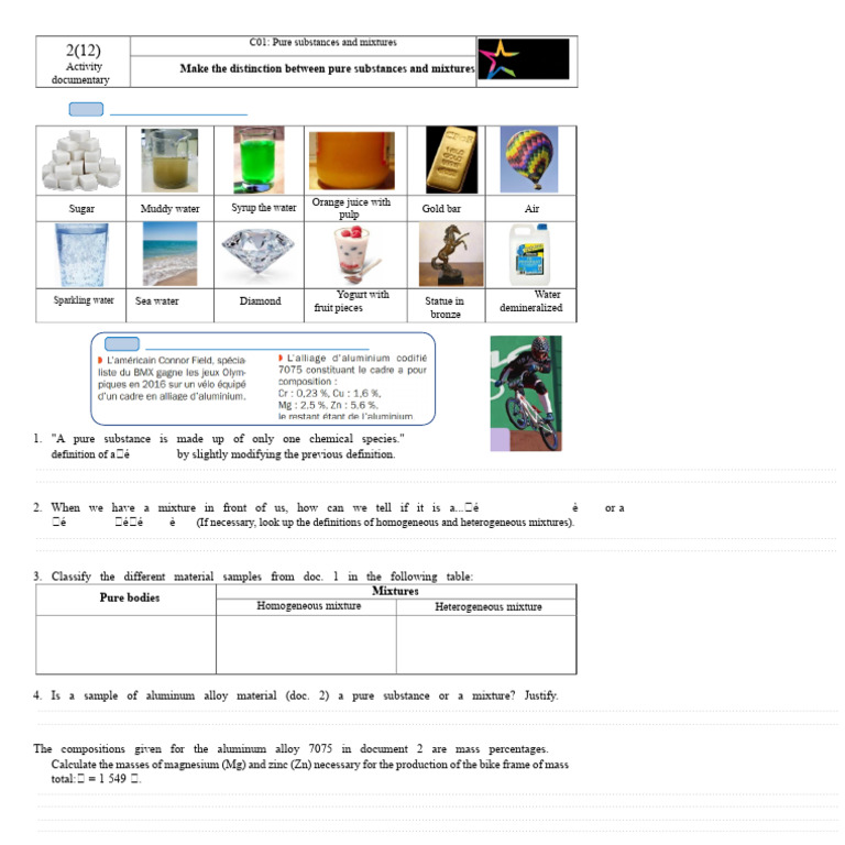 Activity: Distinguish Between Pure Substances and Mixtures. | PDF ...