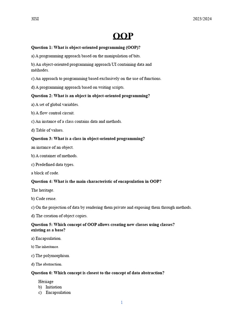 multiple choice questions on OOP | PDF | Object Oriented Programming ...