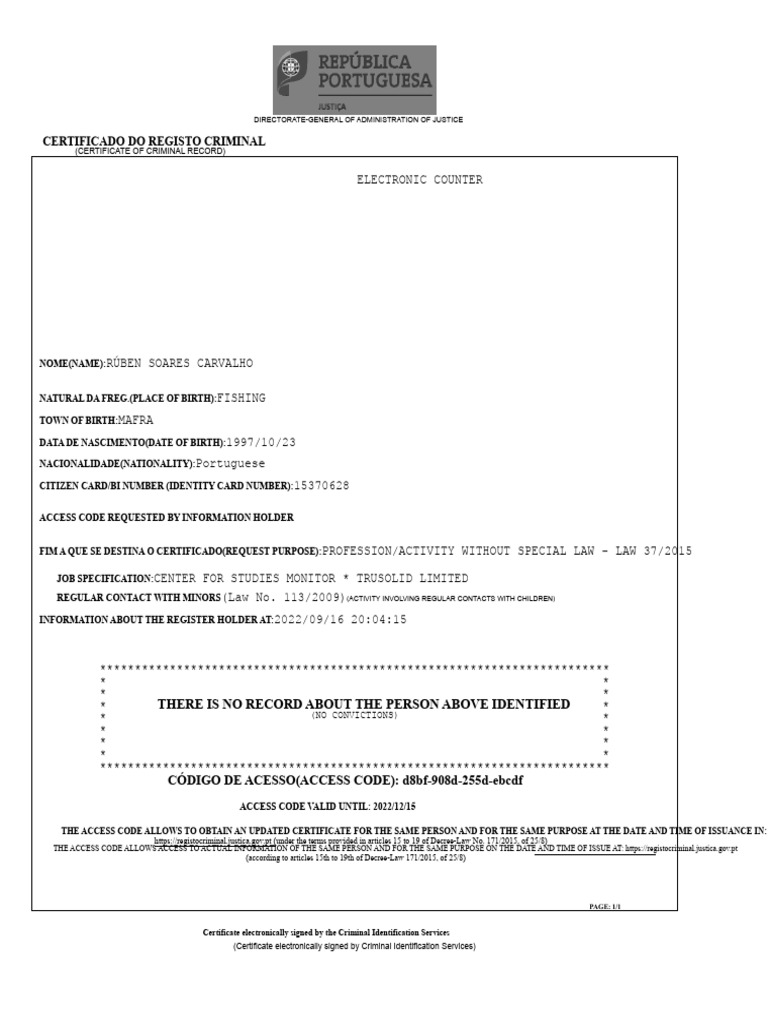 Criminal Record Certificate for Rúben Carvalho | PDF | Criminal Record ...