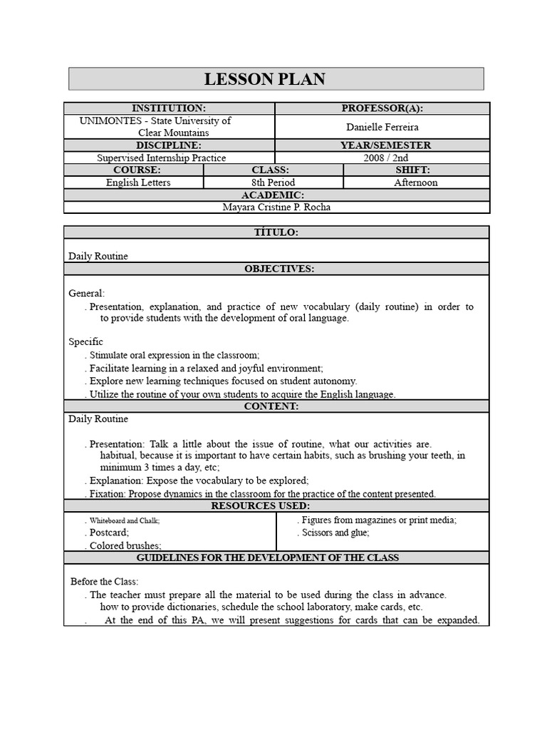 LESSON PLAN - Daily Routines | PDF | Lesson Plan | Classroom