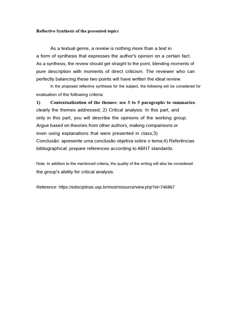 Evaluation Criteria Reflective Synthesis PDF | PDF