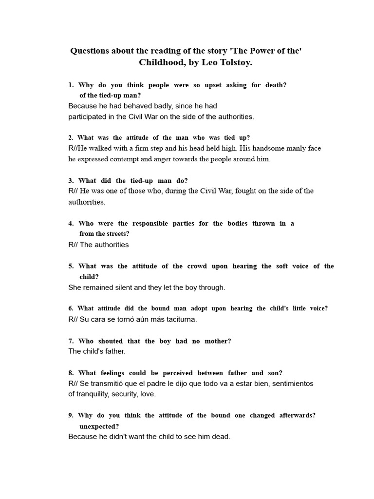 Questions About The Reading of The Story The Power of Childhood. | PDF