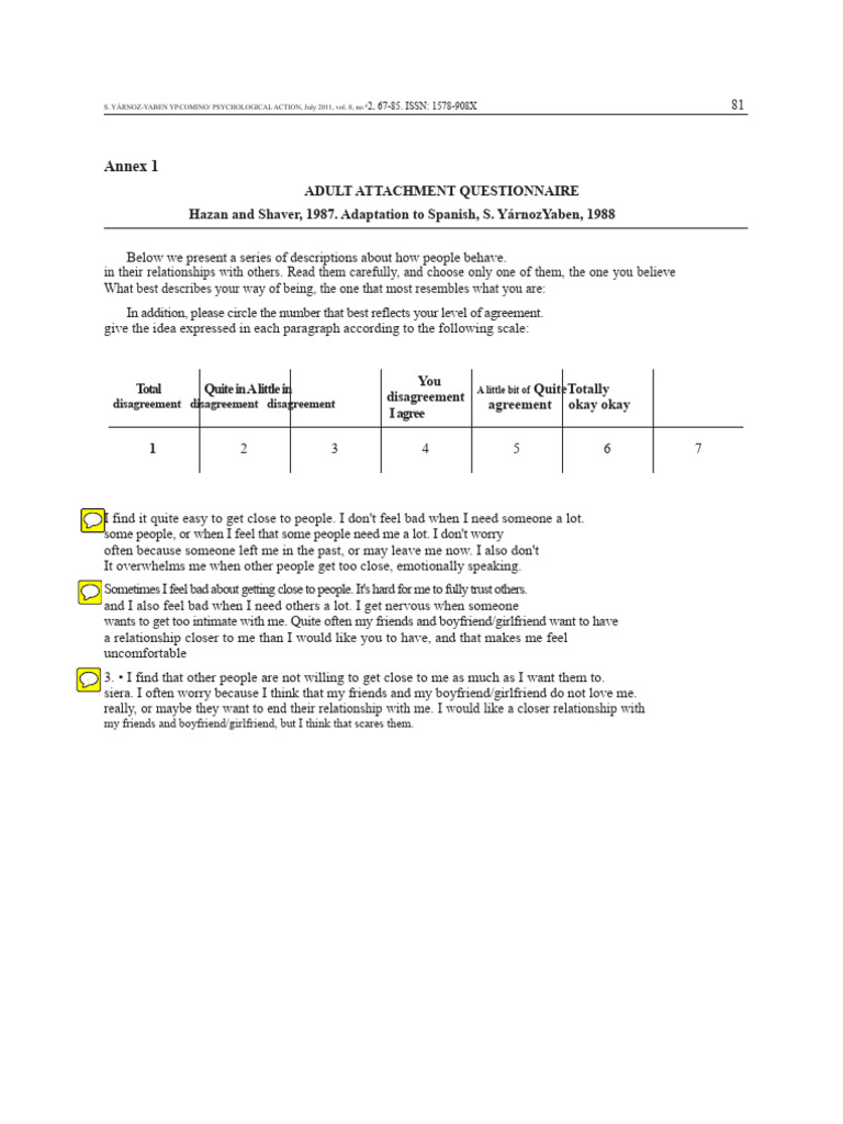 Adult Attachment Questionnaire | PDF | Psychology | Social Psychology