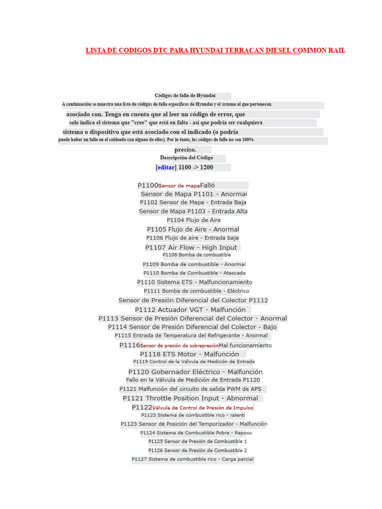 LISTA DE CÓDIGOS DTC PARA HYUNDAI TERRACAN DIESEL COMMON RAIL.docx | PDF | Relé | Acelerador