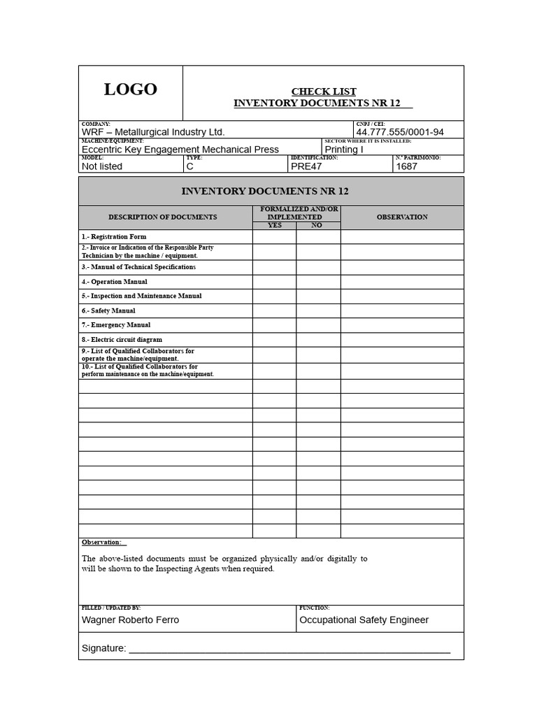 NR 12 - 01 - Check List - Inventory Documents | PDF