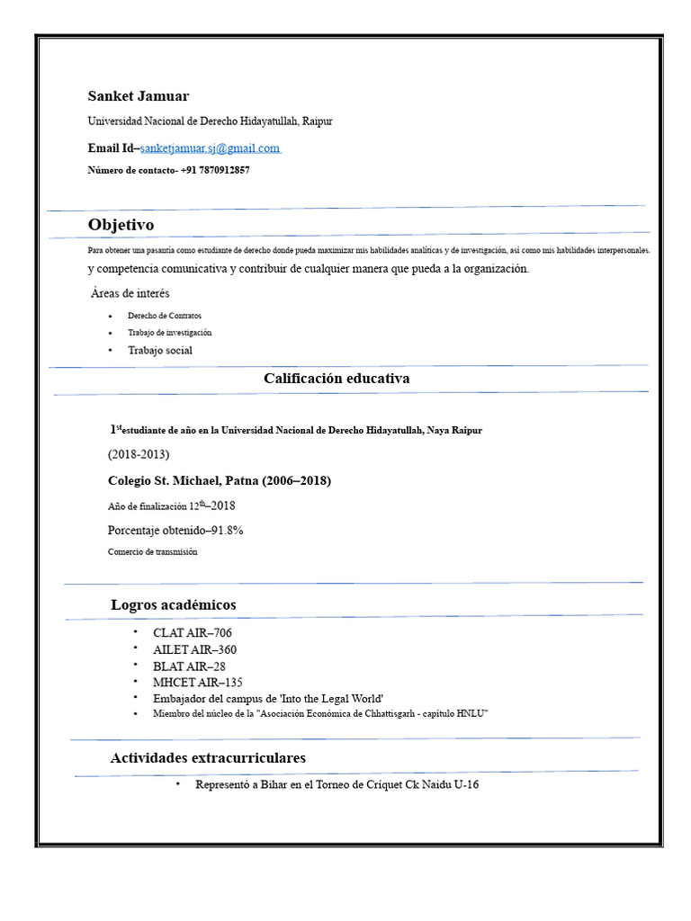 Pasantía en Derecho: Perfil de Sanket Jamuar | PDF