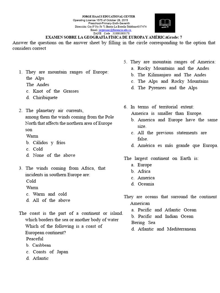 Geography Exam for 7th Grade Students | PDF | Europe | Continent