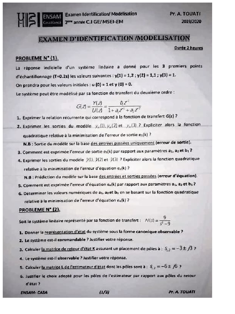2019-2020 Identification and Modeling Exam | PDF
