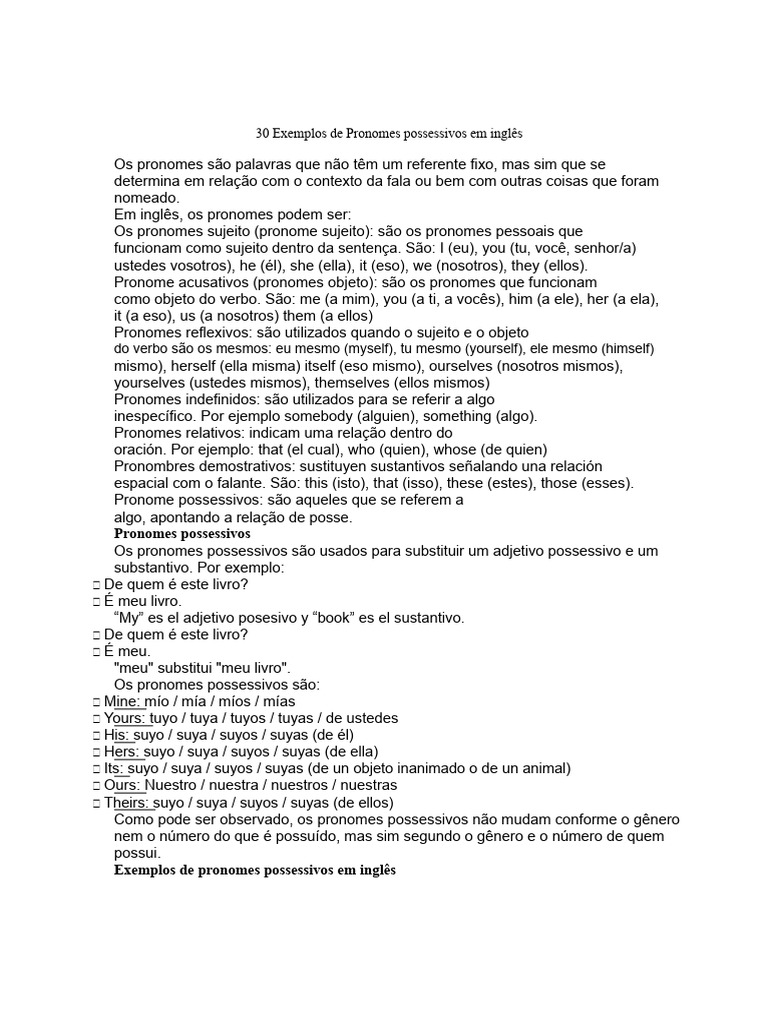Pronomes Possessivos em Inglês: Exemplos | PDF | Pronome | Sintaxe