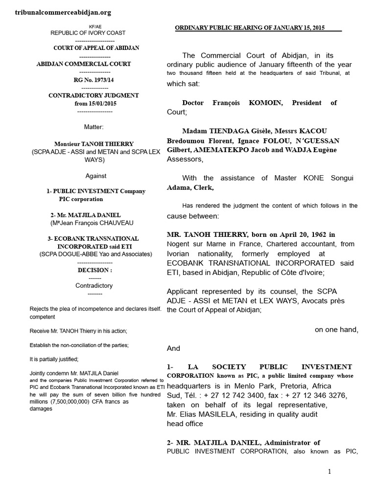 Abidjan Court Ruling: PIC vs. ETI Case | PDF | Crimes | Crime & Violence