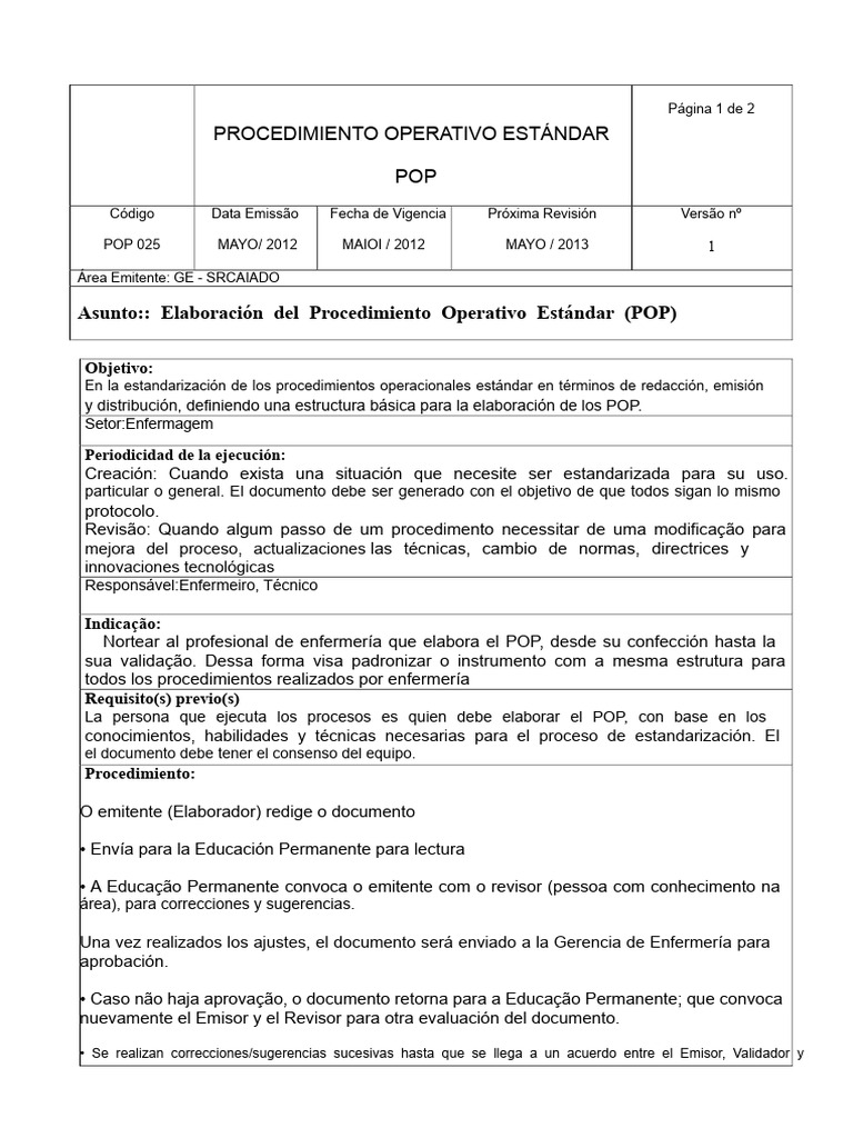 POP Elaboración del Procedimiento Operacional Estándar (POP) | PDF ...