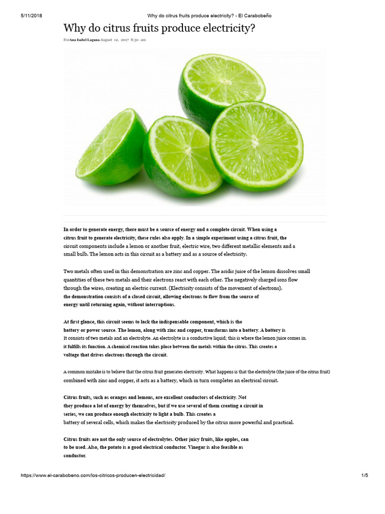 Citrus Fruits as Electricity Sources | PDF | Electricity | Electric Current