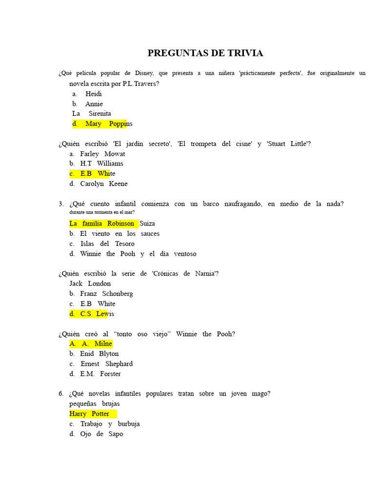 Trivia de Libros y Películas Infantiles | PDF