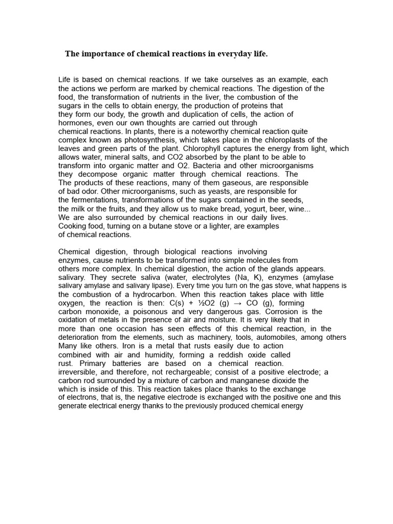 The importance of chemical reactions in daily life | PDF | Chemical ...