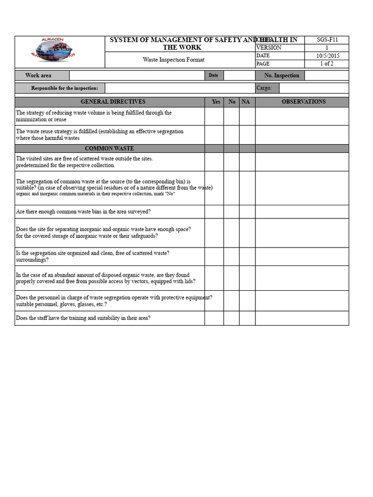 Waste Inspection Checklist Template | PDF | Waste | Waste Management