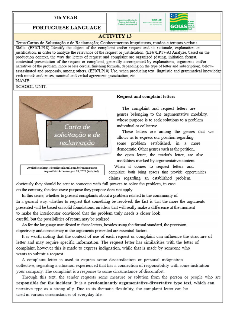 Activity 13 7th Grade LP Letters of Request and Complaint. Linguistic ...