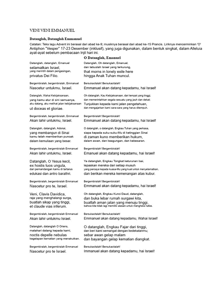 Lirik Lagu Advent "Veni Veni Emmanuel" | PDF